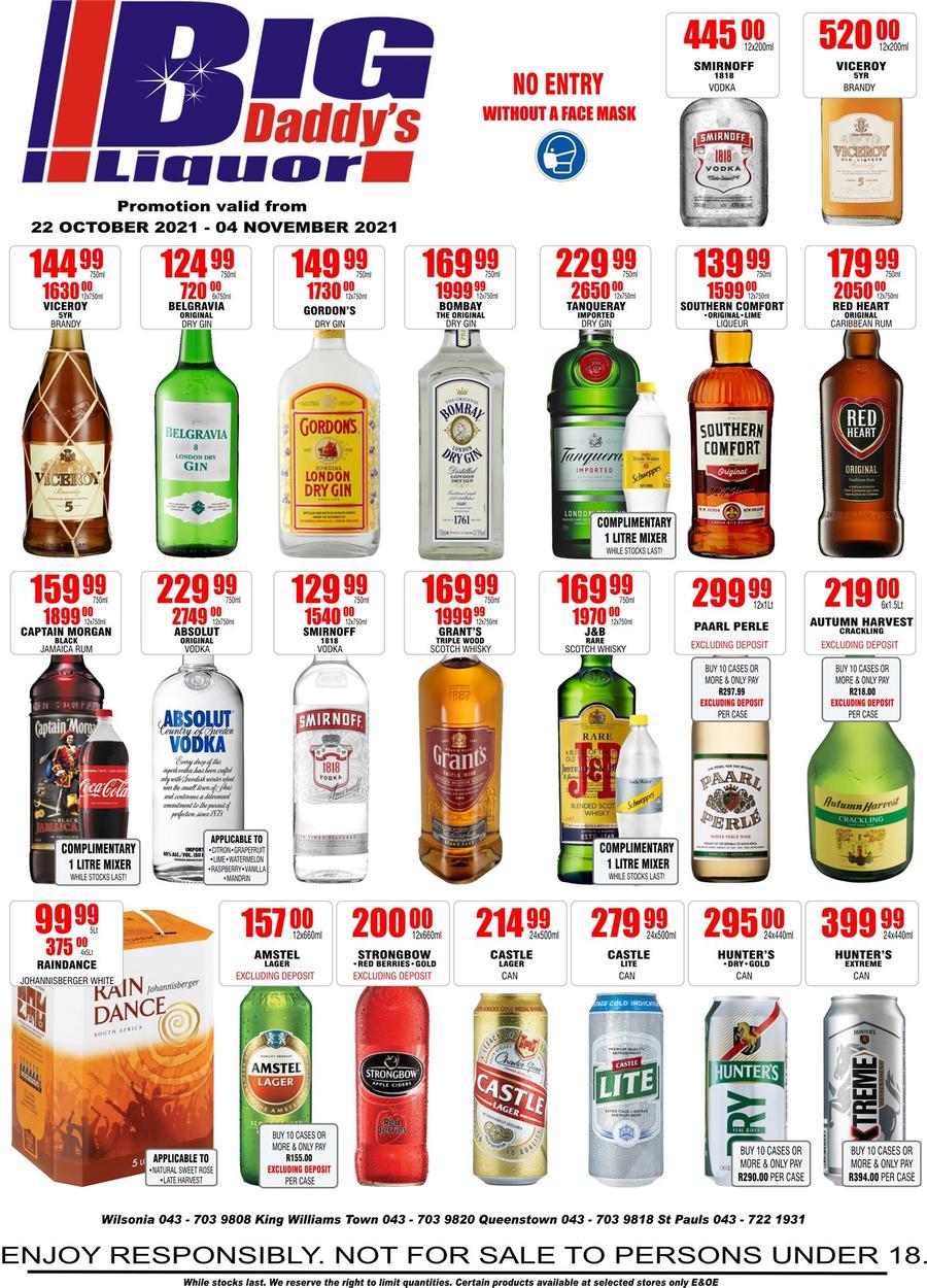 Big Daddy Liquor Stores Specials 22 October 04 November 2021
