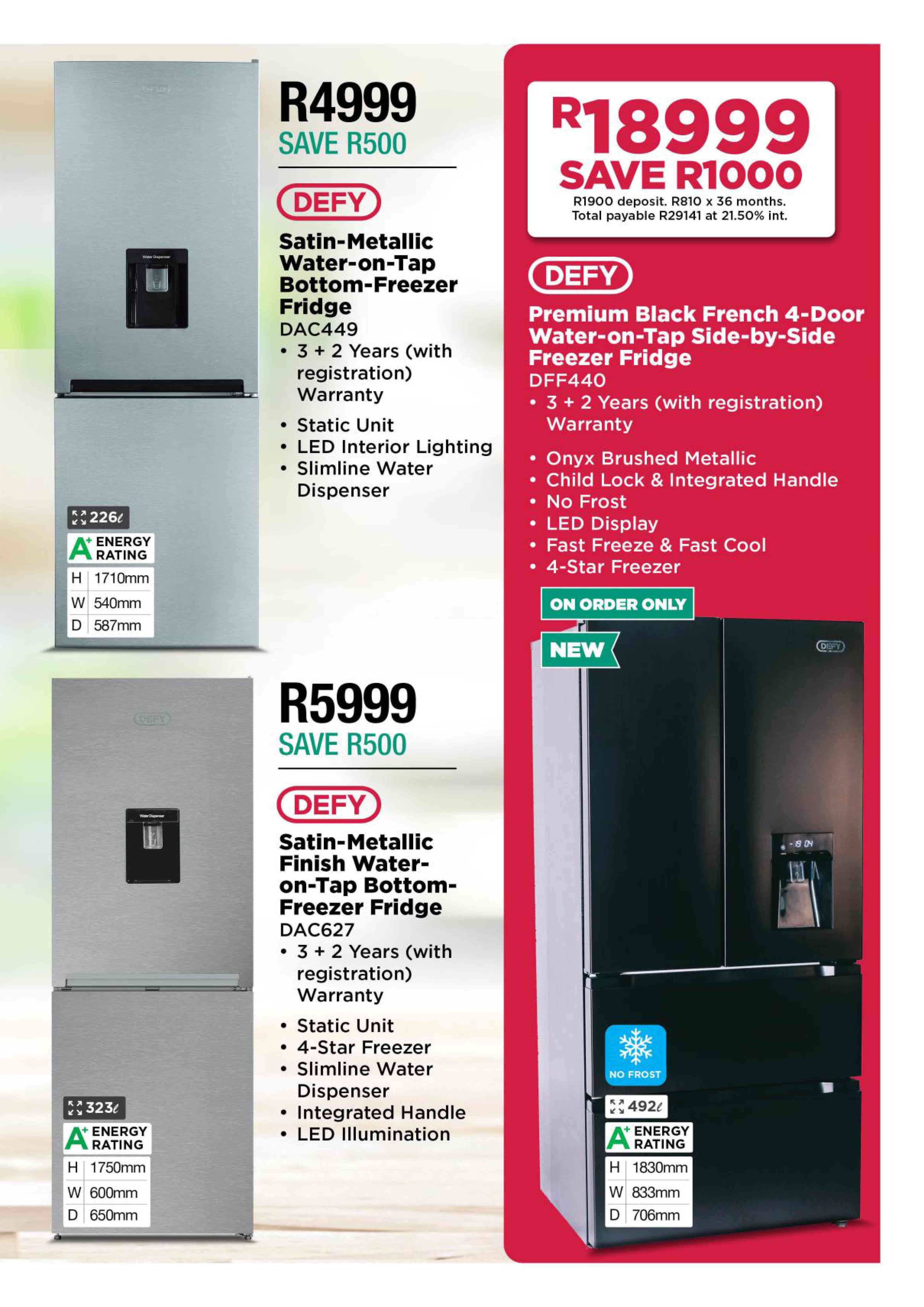 Special Defy 323L Satin Metallic Finish Water On Tap Bottom Freezer ...